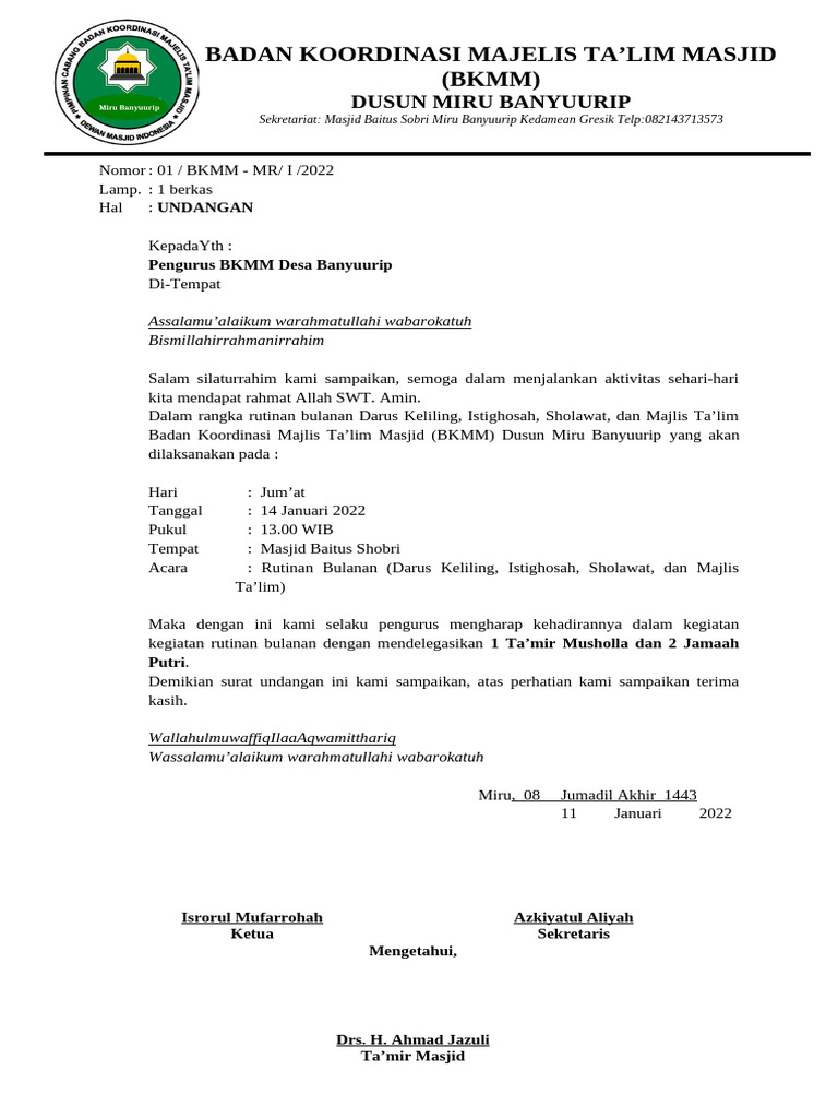 Undangan Rutinan BKMM Banyuurip | PDF