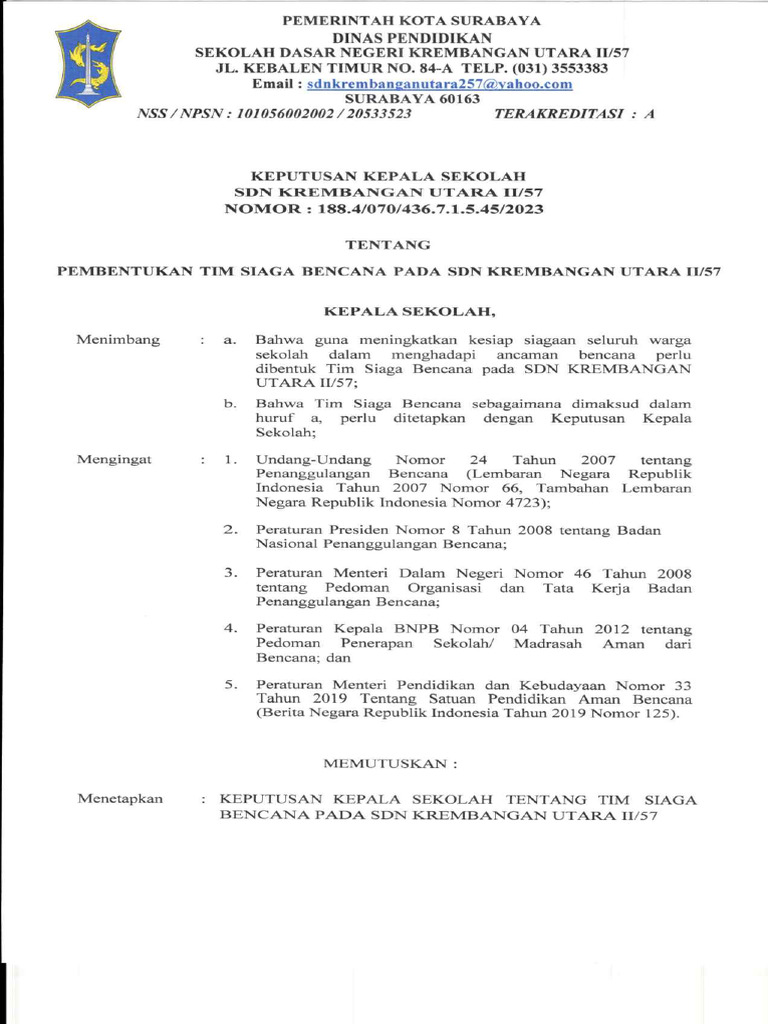 SK Tim Bencana SDN Krembangan Utara Ii-57 - 2023 Ibu Endah | PDF