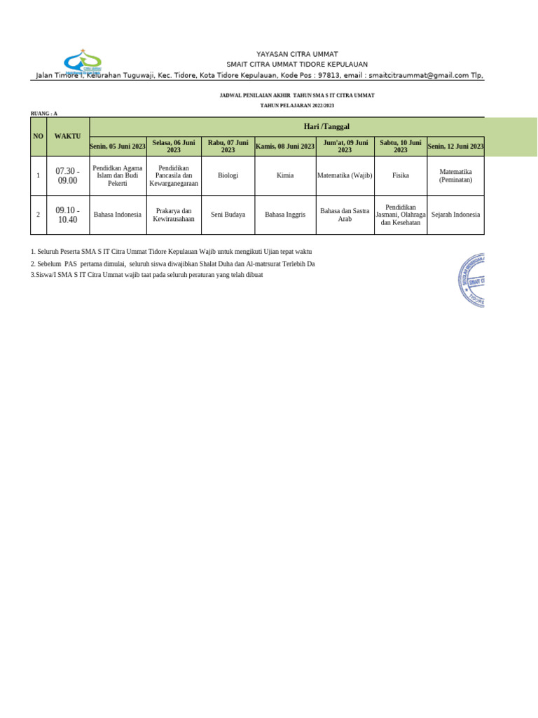 JADWAL UJIAN PAT 2022-2023 RUANG A | PDF