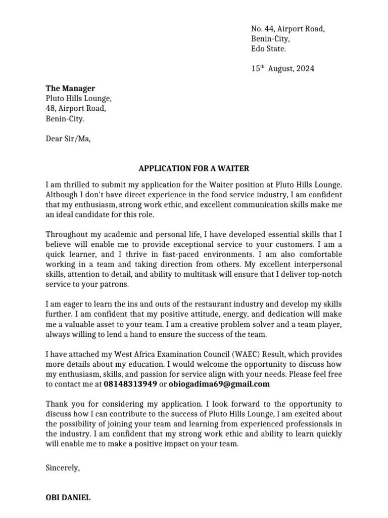 APPLICATION FOR A WAITER | PDF