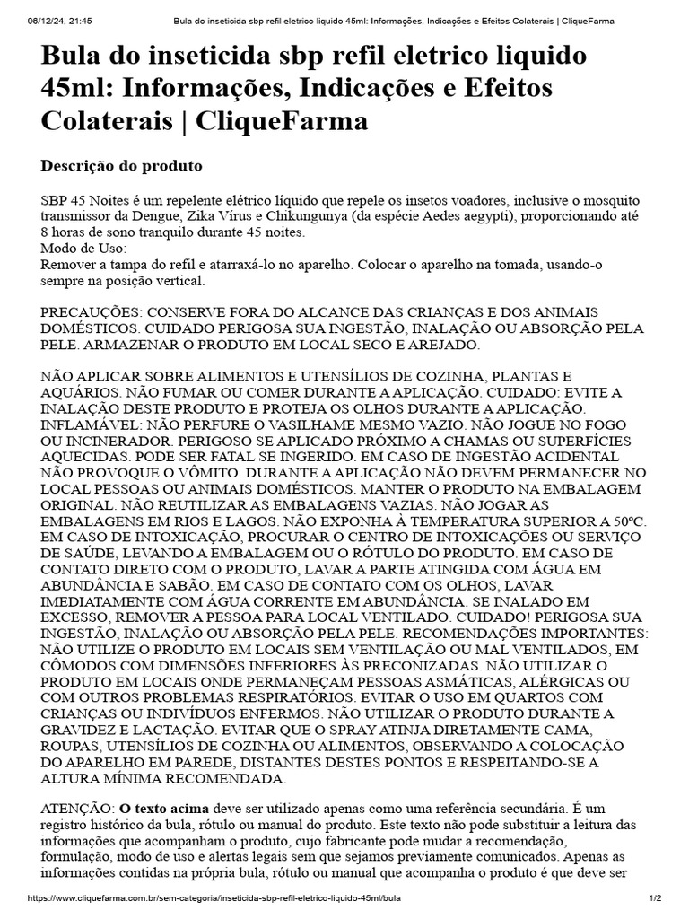 Bula Do Inseticida SBP Refil Eletrico Liquido 45ml | PDF | Aedes ...