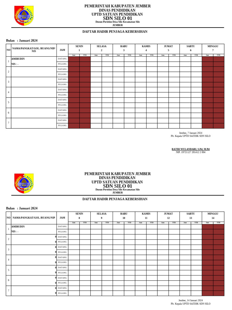 ABSEN DAFTAR HADIR GTT DAN PTT (P. AMIR) SDN SIlo 01 | PDF