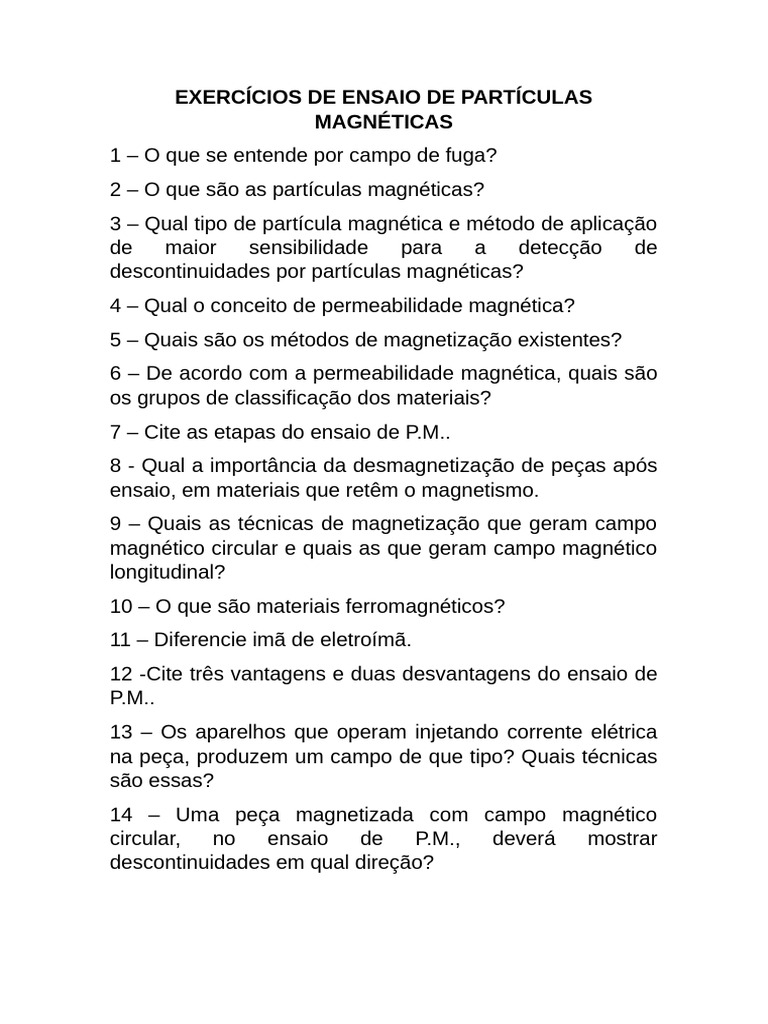 Exercícios de Ensaio de Partículas Magnéticas | PDF
