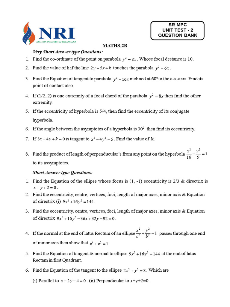 SR MPC Maths-Iib Ut-II Que Bank Paper-1 | PDF | Ellipse | Perpendicular