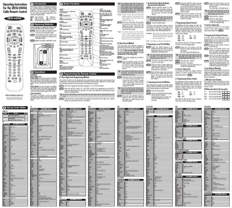 UR5U-8400A Universal Remote | PDF | Remote Control | Videocassette Recorder