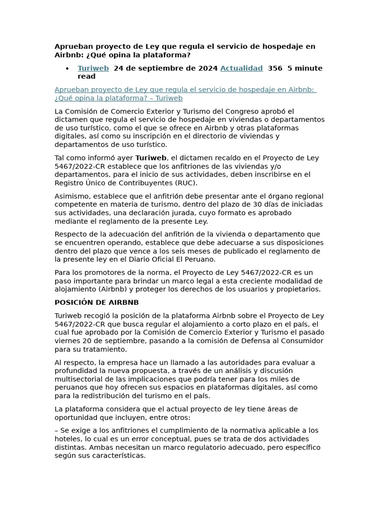 Perú Aprueban Proyecto de Ley Que Regula El Servicio de Hospedaje en Airbnb | PDF | Airbnb | Turismo