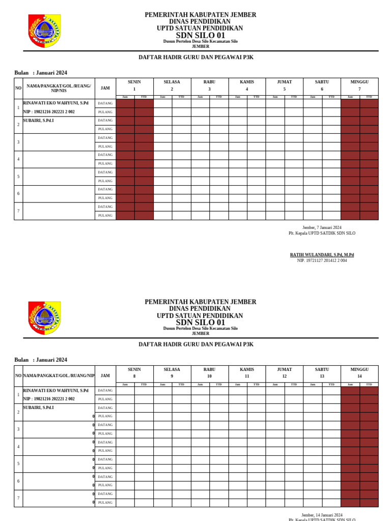 Absen Daftar Hadir Guru Dan Pegawai p3k (Form Dinas) Sdn Silo 01 | PDF