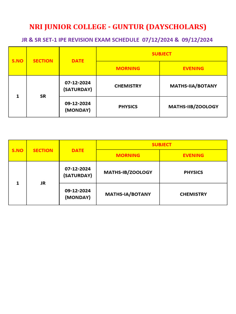 JR & SR Set-1 Ipe Revision Exam Schedule 07-12-24 & 09-12-24 | PDF