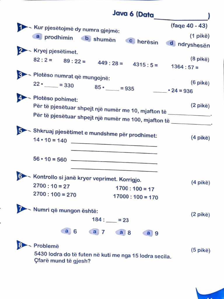 Ushtrime Shumëzimi Dhe Pjesëtimi Klasa 5 | PDF