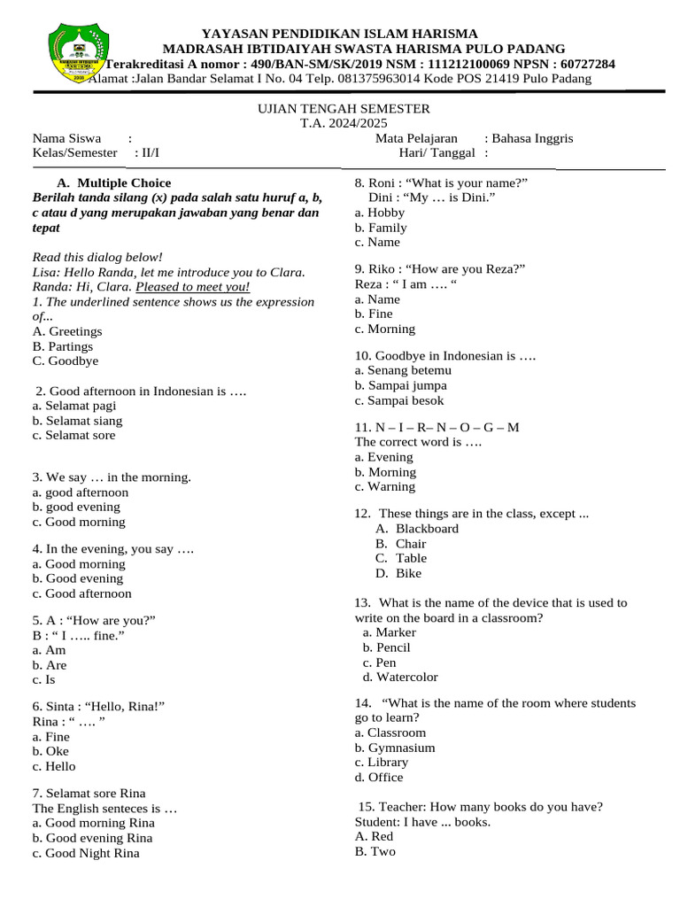 Soal ujian bahasa inggris kelas 2 | PDF Soal ujian bahasa inggris kelas 2 | PDF