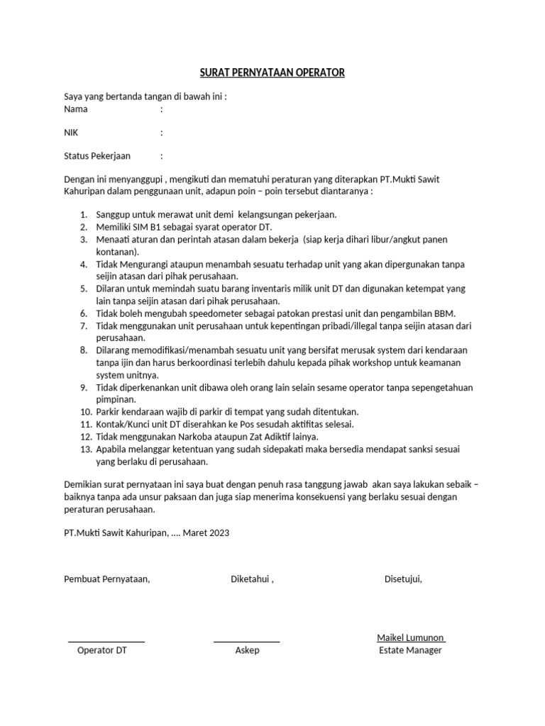 SURAT PERNYATAAN OPERATOR dt baru | PDF