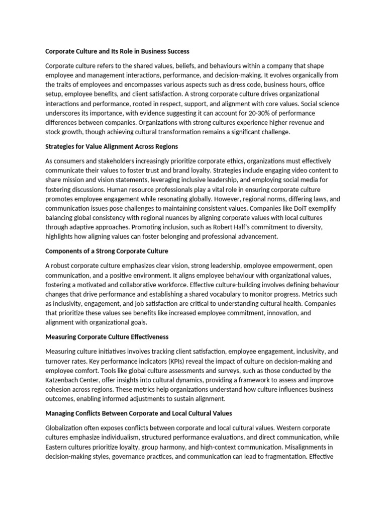 Corporate Culture and Its Role in Business Success, Revised | PDF ...