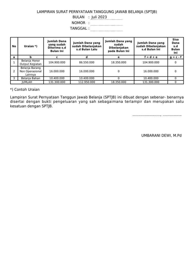 Laporan SPTJB Juli 2023 | PDF