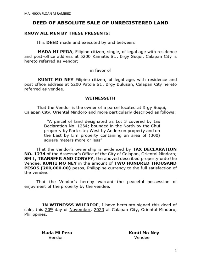 Deed of Sale of Unregistered Land | PDF | Philippines | Currency