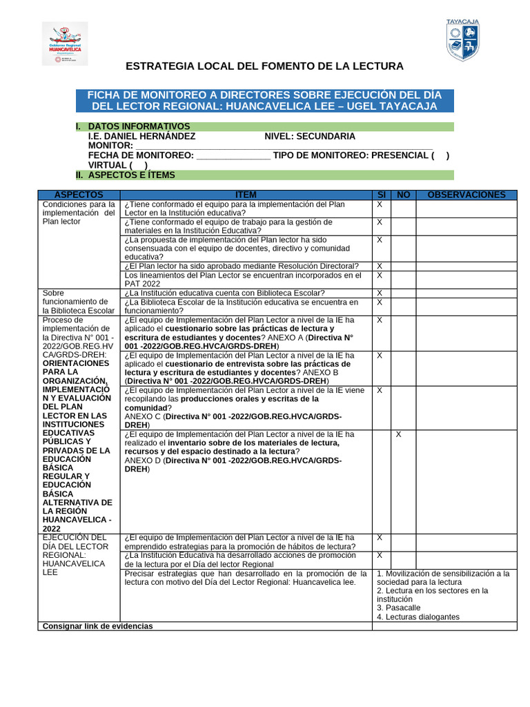 FICHA DE MONITOREO PLAN LEXTOR 2022 | PDF