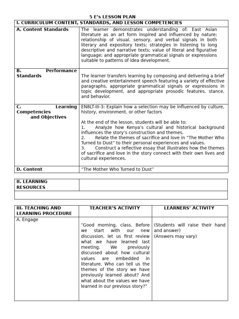 5 Es Lesson Plan Template | PDF | Lesson Plan | Learning