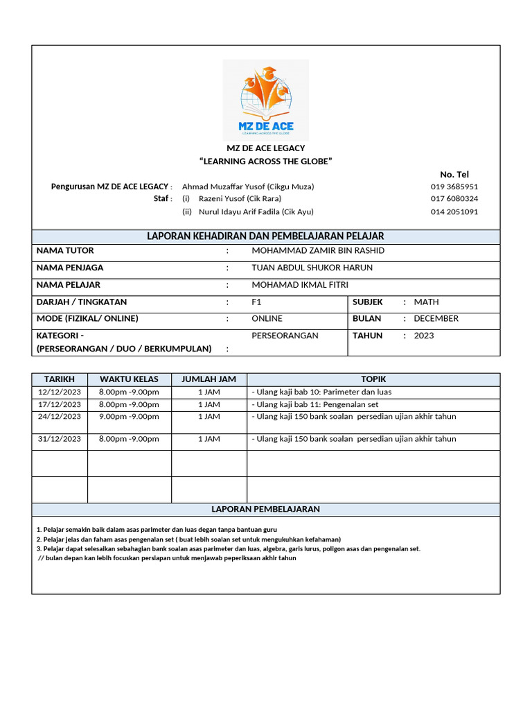 F1 Ikmal Iftri Laporan Kehadiran Dan Pembelajaran Pelajar Dec23 | PDF