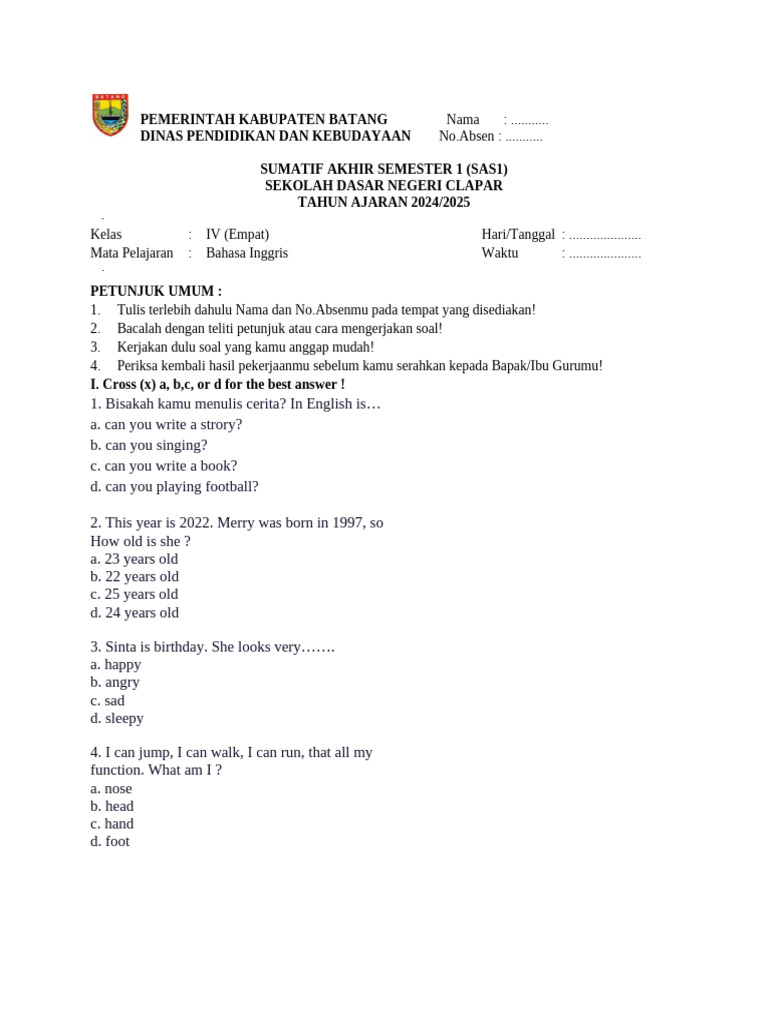 Soal Sas Bhs. Inggris Kls 4 | PDF | Room