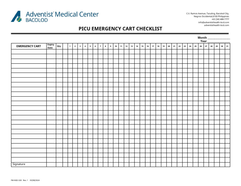 FM-NSD-328 PICU Emergency Cart Checklist Rev. 0 | PDF