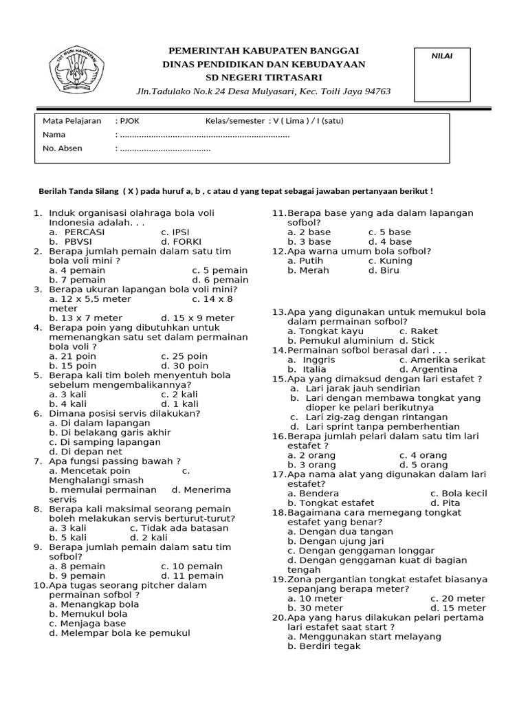 Soal Pjok 5 SMSTR 1 | PDF
