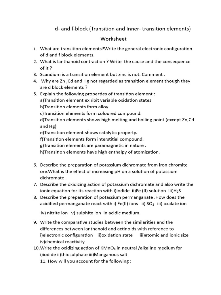 Worksheet On D Aanf F Block | PDF | Iron | Chemical Compounds