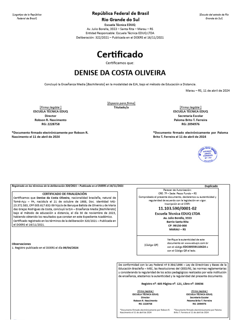 Certificado EJA Denise da Costa Oliveira | PDF
