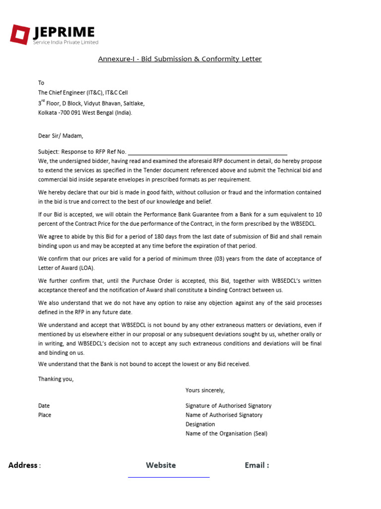 Bid Submission & Conformnity Letter | PDF | Request For Proposal | Justice