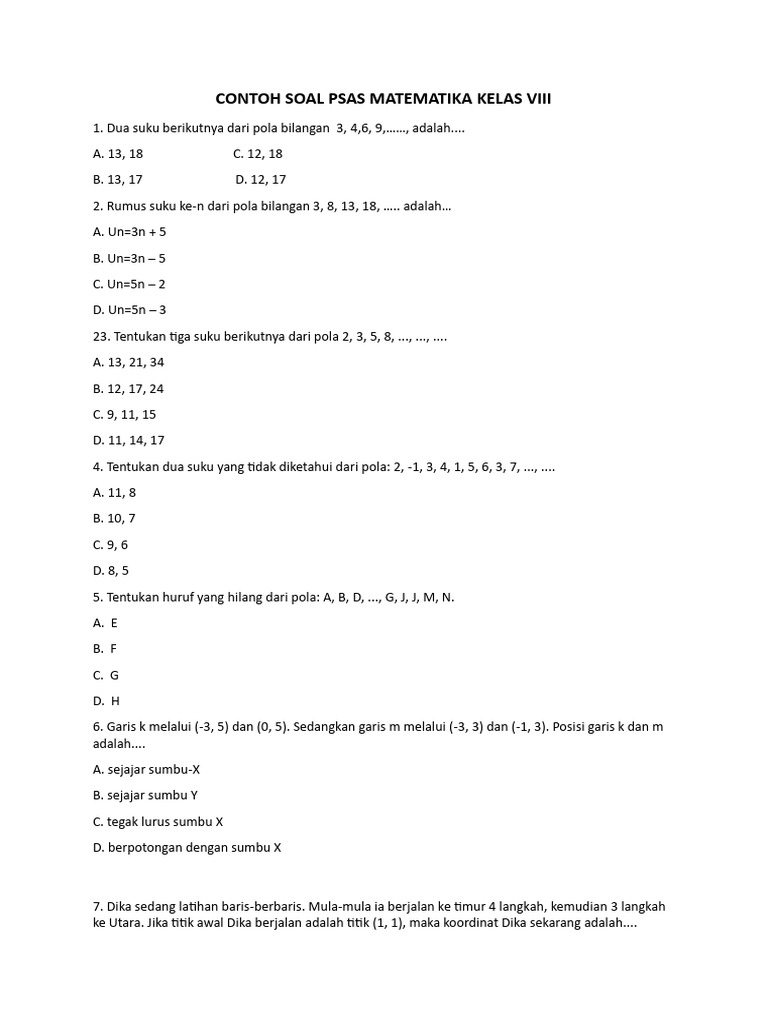 Contoh Soal Psas Matematika Kelas Viii | PDF