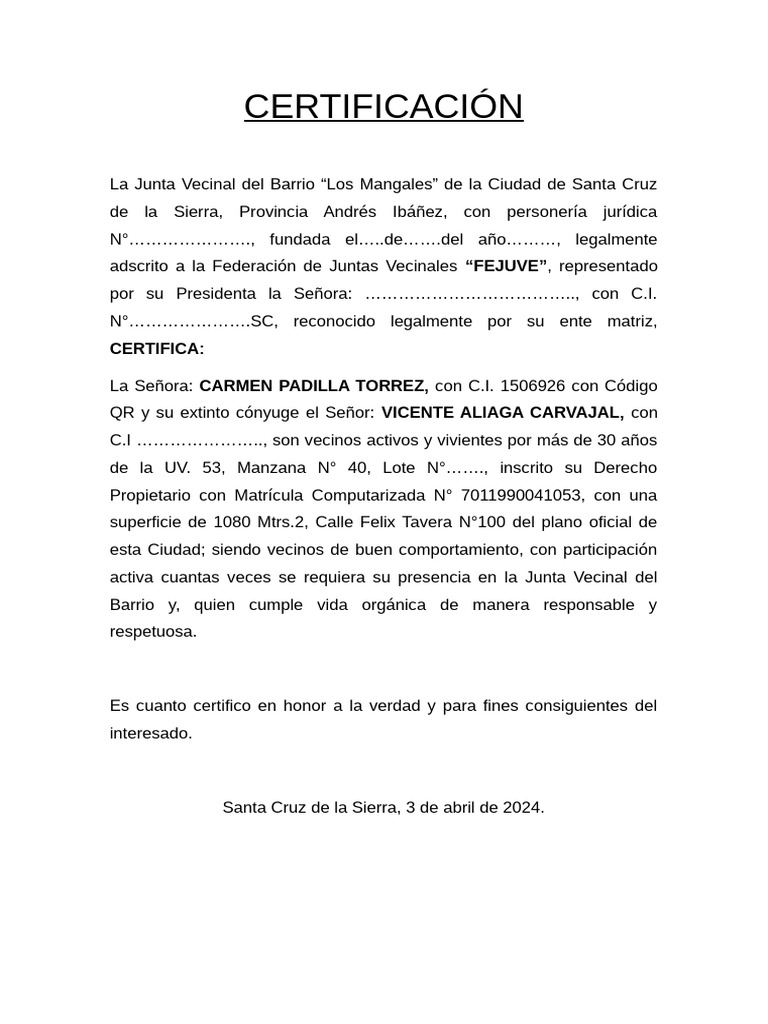 Certificado de La Junta Vecina Los Mangales | PDF