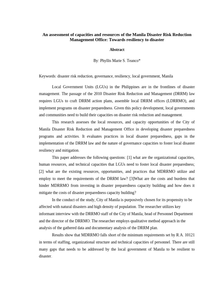 An Assessment of Capacities and Resources of The Manila Disaster Risk ...
