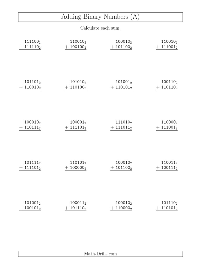 Addition Worksheet - Adding Binary Numbers (Base 2) | PDF