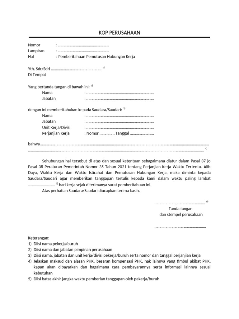 Contoh Surat Pemberitahuan Pemutusan Hubungan Kerja | PDF