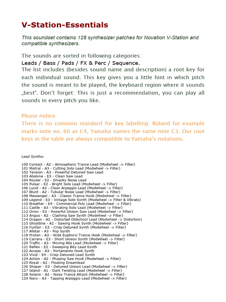 V-Station Essentials Patchlist English | PDF | Synthesizer | Music Theory
