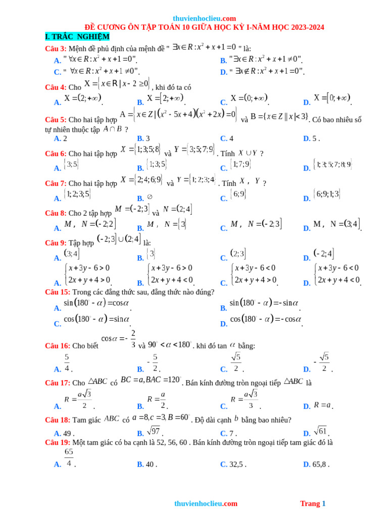 De Cuong On Tap Giua HK1 Toan 10 KNTT | PDF
