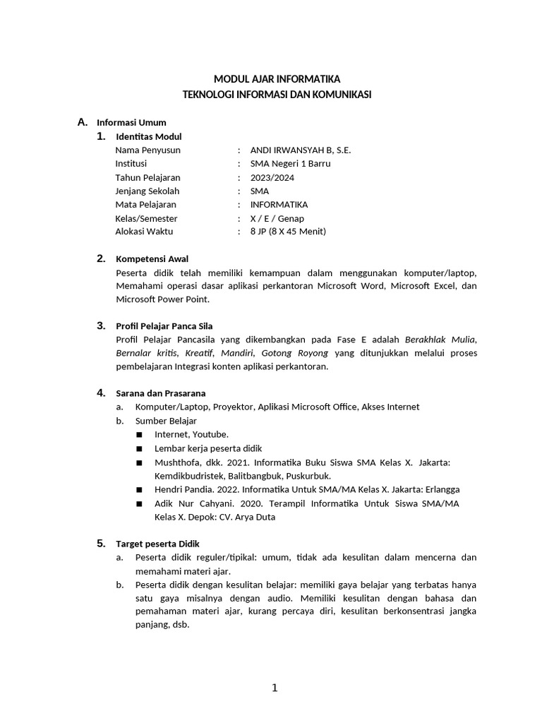 Modul Ajar Informatika - Teknologi Informasi Dan Komunikasi - Fase E | PDF