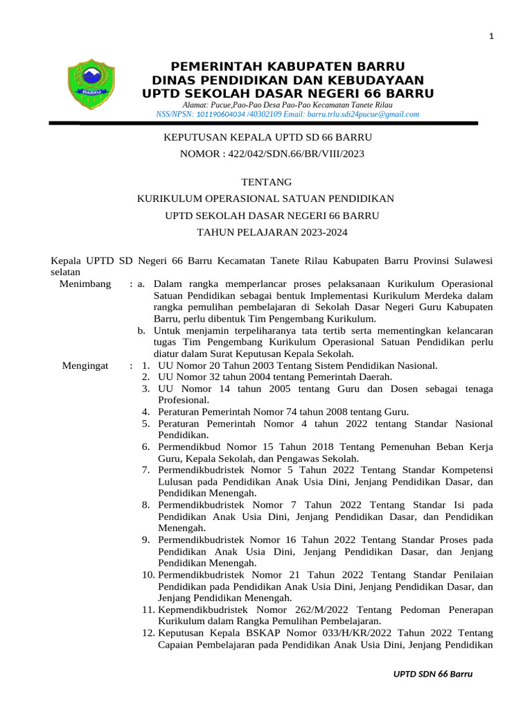 SK TIM KOSP Kurikulum Merdeka Mandiri Berubah (Gurudikdaslamongan - Id) | PDF