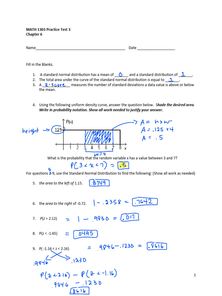 MATH 1303 Practice Test 3 - Solutions Key | PDF | Probability ...