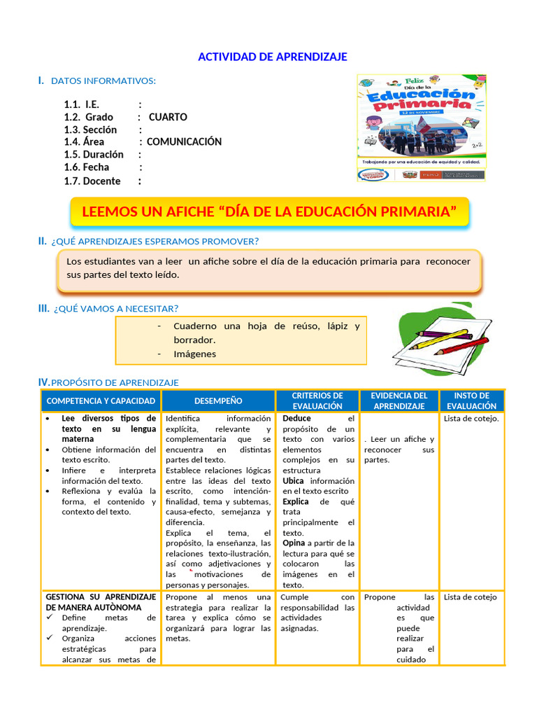 D3 A2 Sesion Com. Leemos Un Afiche "Día de La Educación Primaria" | PDF | Aprendizaje | Infografia