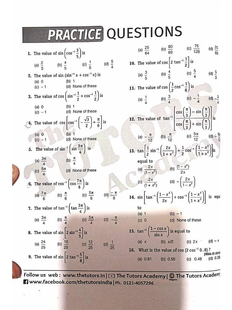 Inverse Trigonometric Functions Questions | PDF