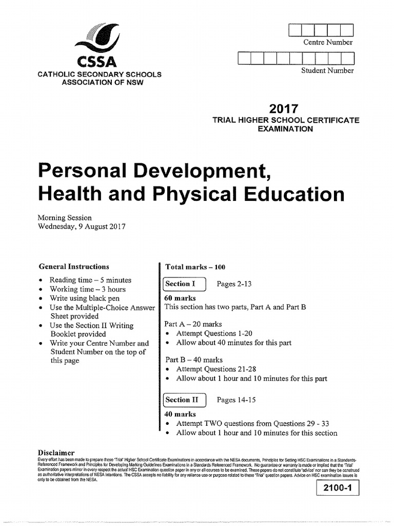 PDHPE HSC Trial 1 Catholic Exam 2017 1 | PDF