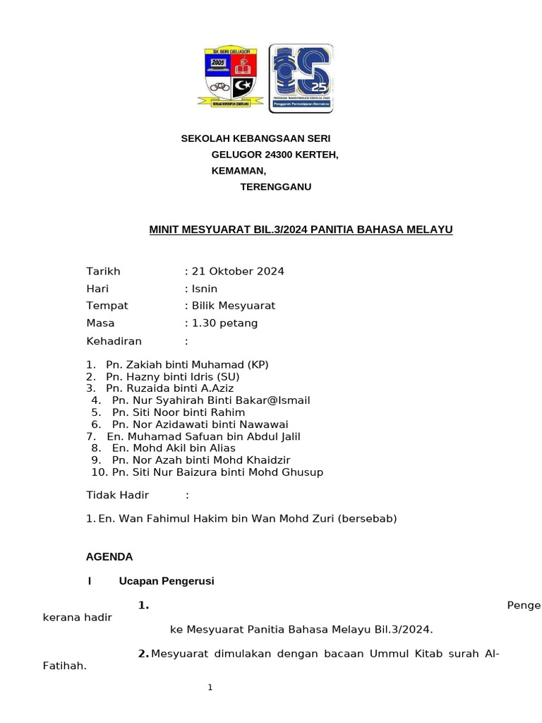 3 Minit Mesyuarat Panitia BM Bil 3 2024 | PDF