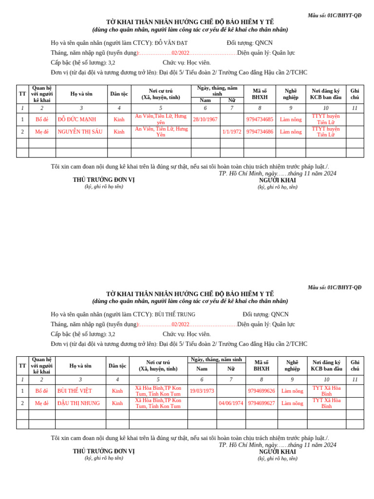 Mẫu 01C- Tờ Khai Thân Nhân | PDF