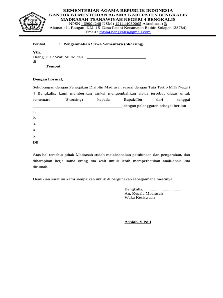 Surat Skorsing Siswa | PDF