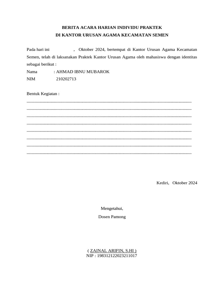 1.1 BERITA ACARA HARIAN INDIVIDU PPL | PDF