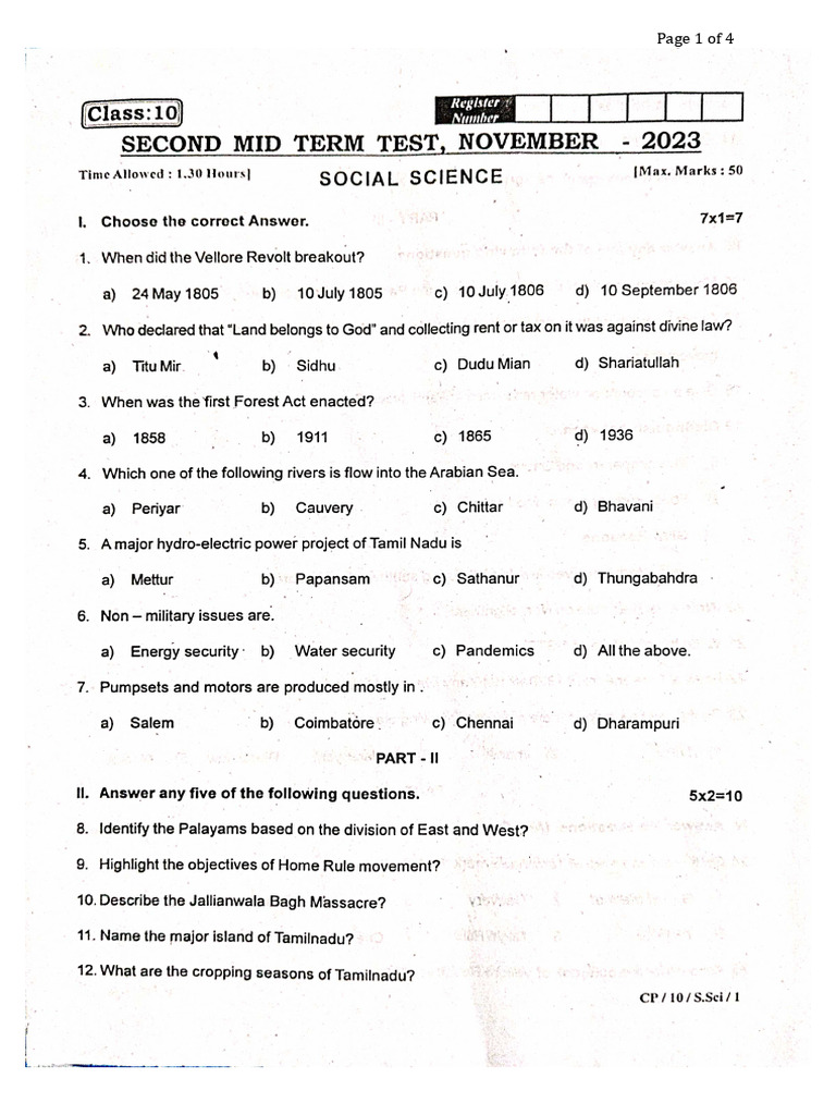 10th Social EM Second Mid Term Exam 2023 Question Paper Chengalpattu ...