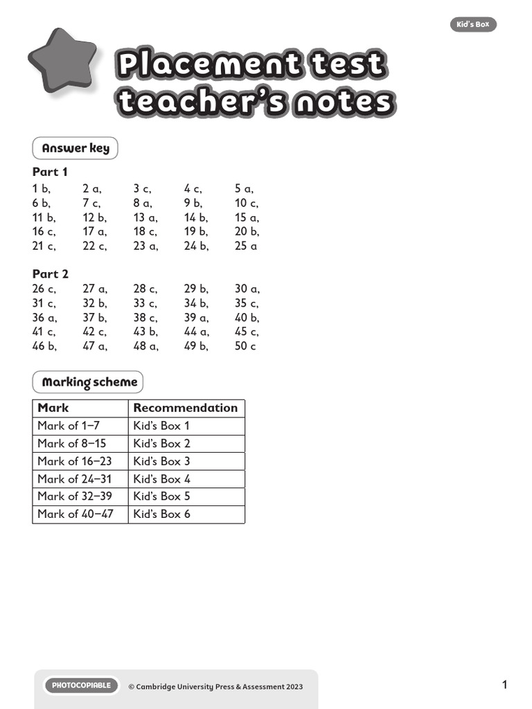 Kid's Box Placement Test Guide | PDF