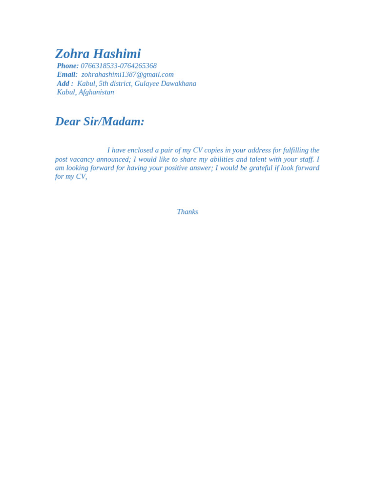 Zohra Hashimi CV ( ) | PDF