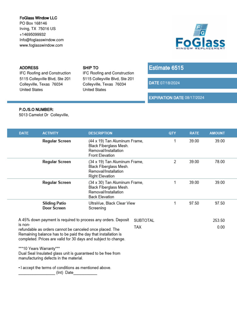 FoGlass Window Estimate #6515 | PDF