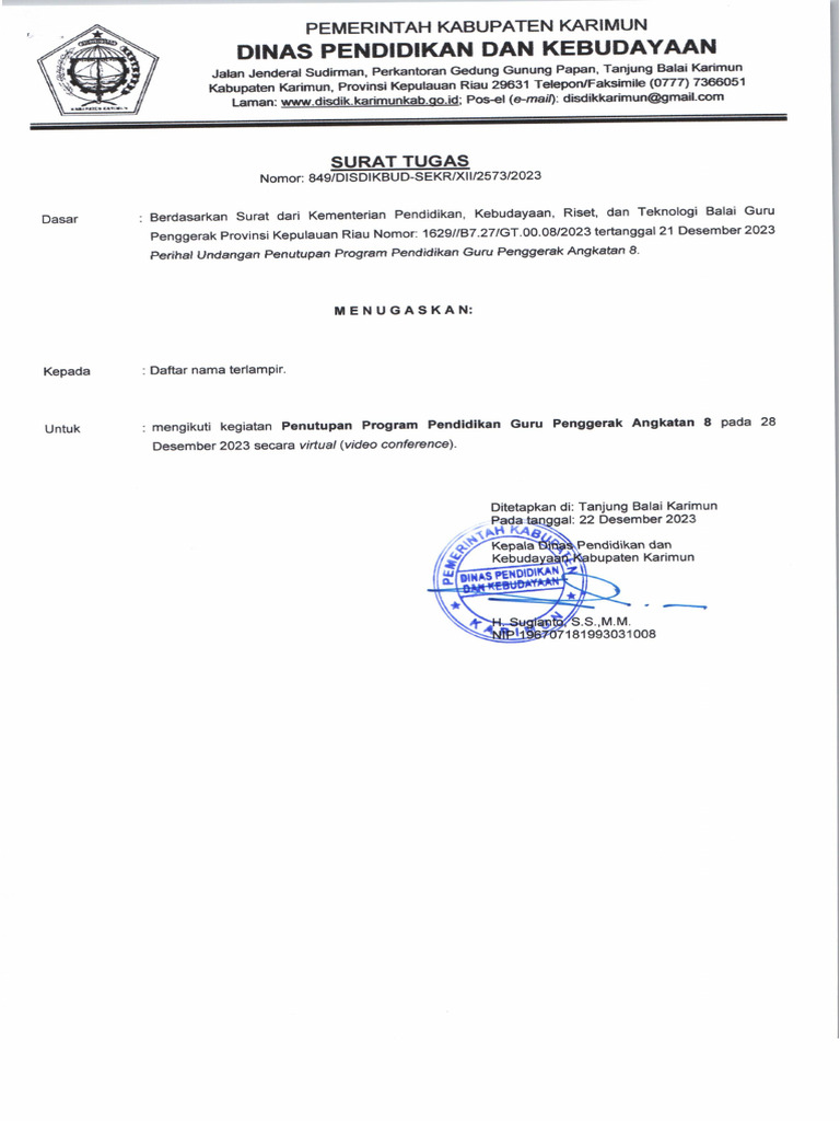 Surat Tugas Penutupan Pendidikan CGP Angkatan 8 | PDF