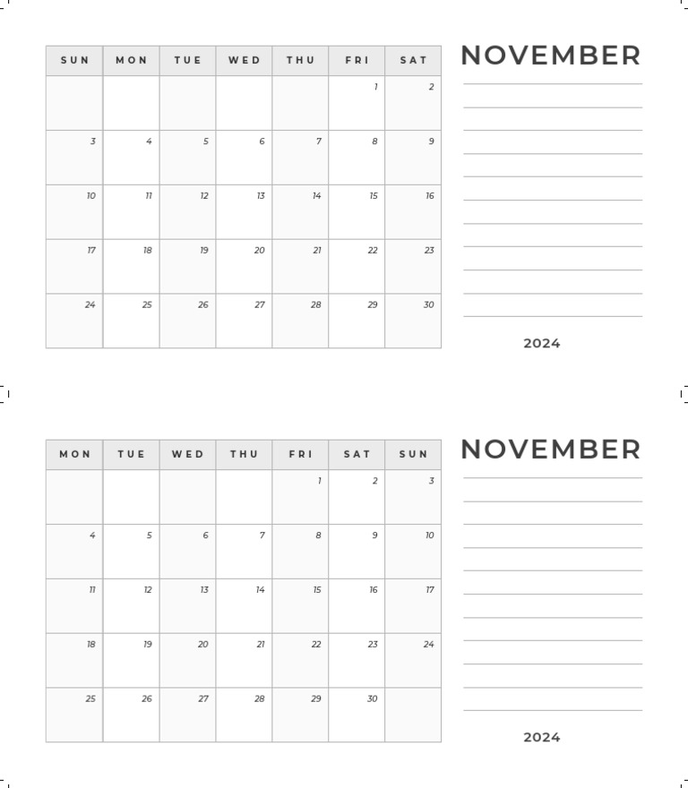 Black White Minimalist Simple November Monthly Calendar | PDF